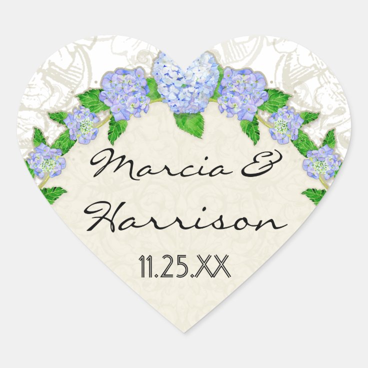 Blue Hydrangea Lace Floral Formal Elegant Weddings Heart Sticker | Zazzle