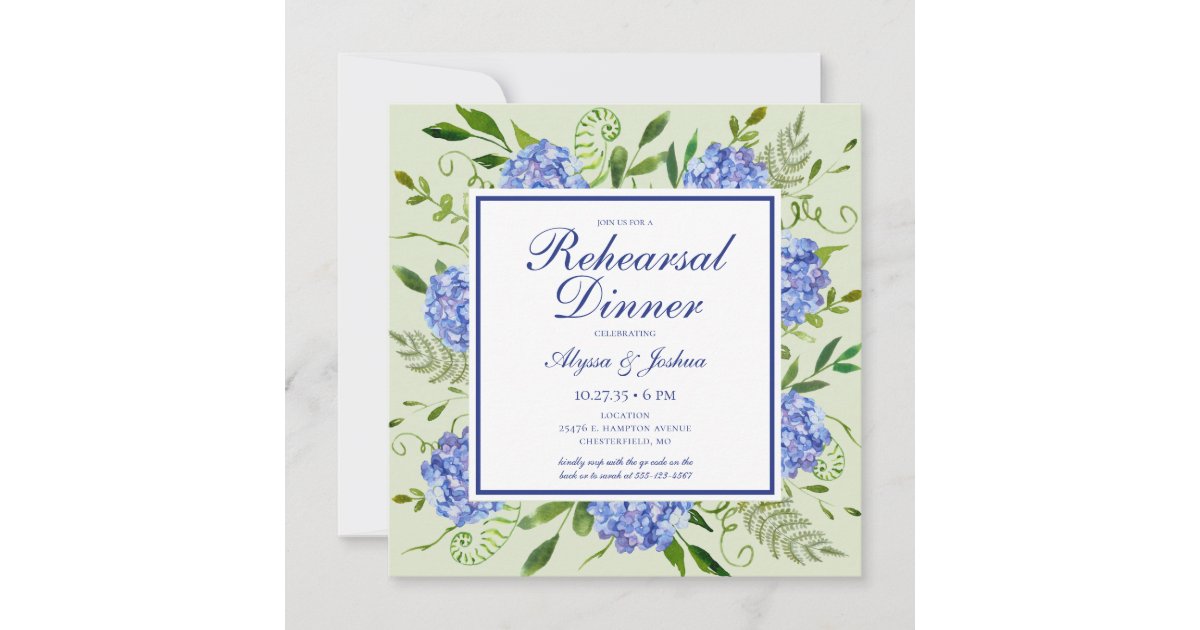 Blue Hydrangea QR Code Rehearsal Dinner Invitation | Zazzle