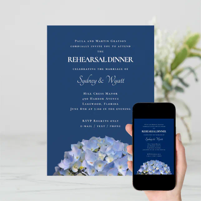 Blue Hydrangea Rehearsal Dinner Host Names Invitation | Zazzle