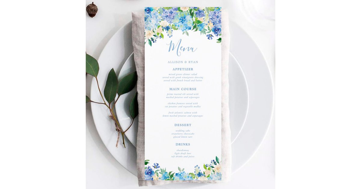 Blue Hydrangea Summer Floral Wedding Menus | Zazzle
