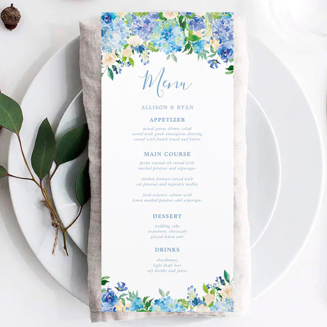 Blue Hydrangea Summer Floral Wedding Menus | Zazzle