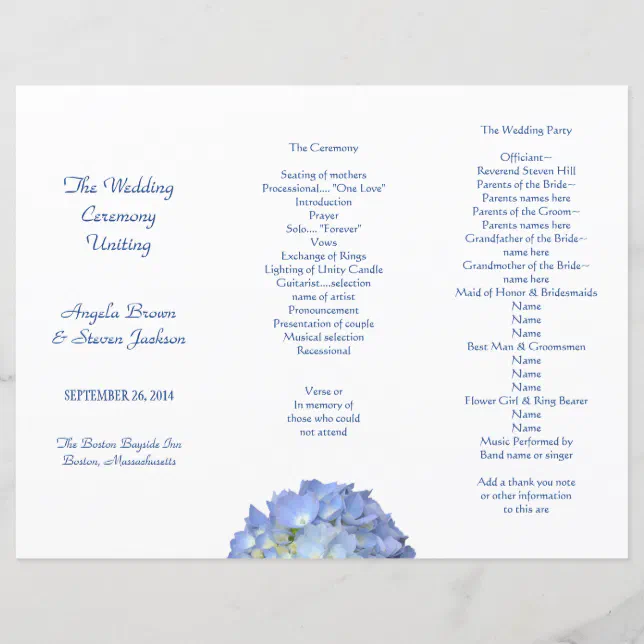 Blue Hydrangea Tri-Fold Wedding Program Template | Zazzle