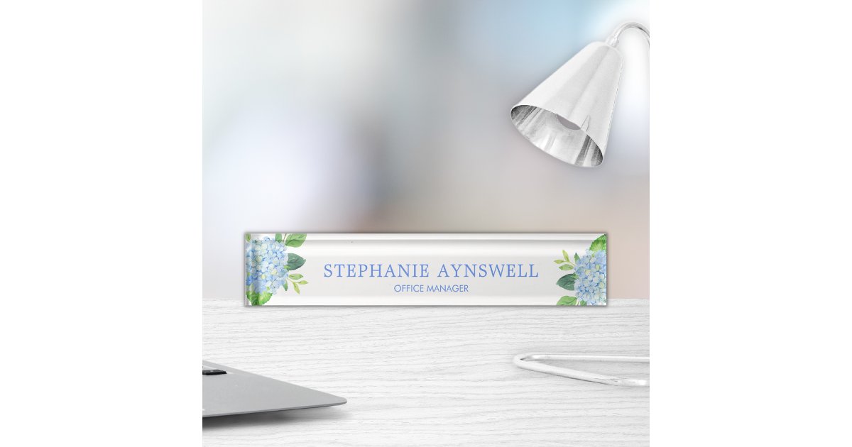 Blue Hydrangea Watercolor Floral Desk Name Plate | Zazzle