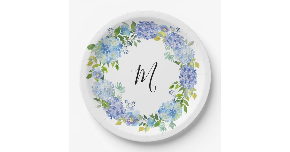 Blue Hydrangea Watercolor Floral Monogram Paper Plates | Zazzle