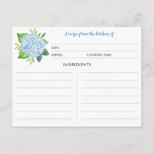 Blue Hydrangea Watercolor Floral Recipe Cards | Zazzle.com