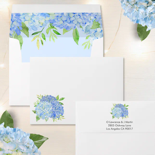Blue Hydrangea Watercolor Floral Wedding Envelope | Zazzle
