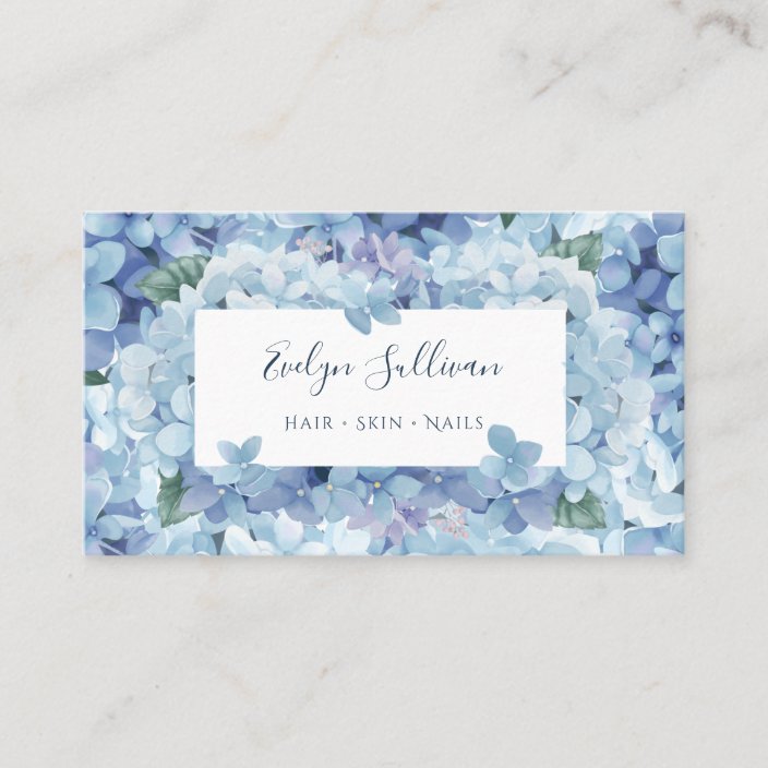 Blue hydrangea white label business card | Zazzle