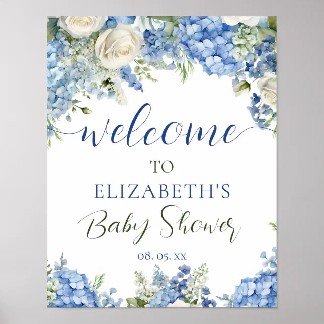 Blue Hydrangea White Roses Floral Script Welcome Poster | Zazzle