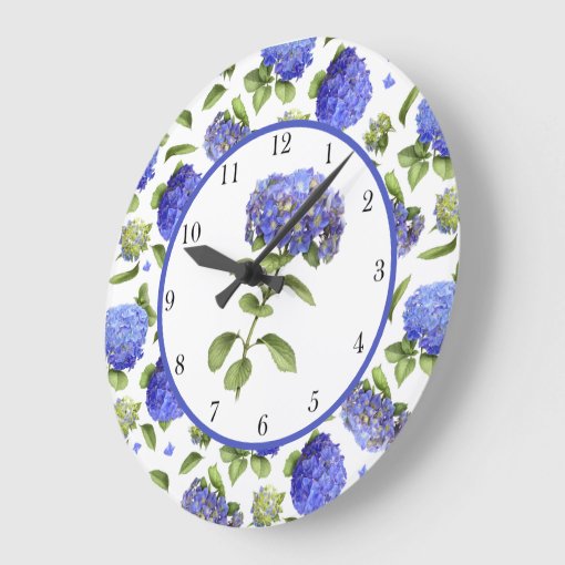 Blue Hydrangeas All Over Large Clock | Zazzle