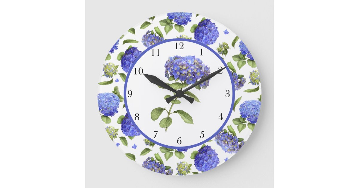 Blue Hydrangeas All Over Large Clock | Zazzle
