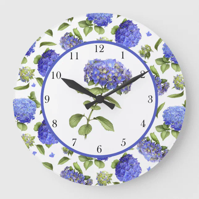 Blue Hydrangeas All Over Large Clock | Zazzle