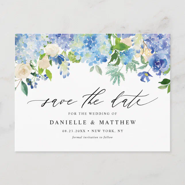Blue Hydrangeas and Ivory Roses Save The Date Postcard | Zazzle