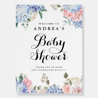 Blue Hydrangeas and Pink Roses Baby Shower Welcome Foam Board | Zazzle