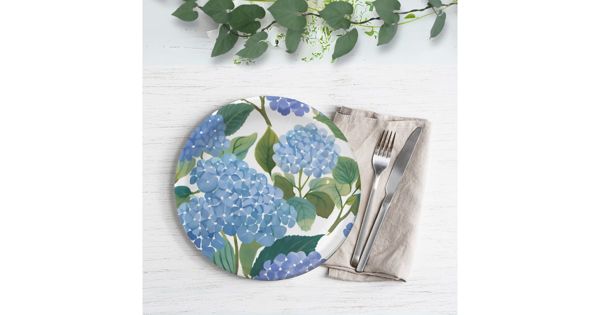 Blue Hydrangeas | Beautiful Floral Bush Paper Plates | Zazzle
