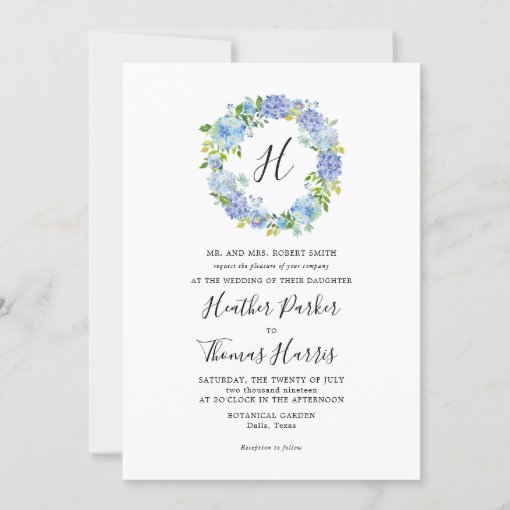 Blue Hydrangeas Floral Monogram Wedding Invitation | Zazzle