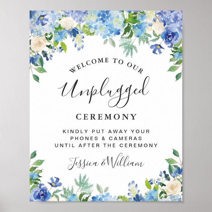Blue Hydrangeas Floral Unplugged Wedding Ceremony Poster | Zazzle