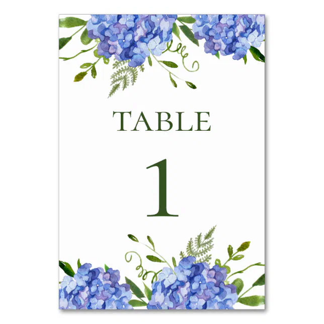 Blue Hydrangeas Floral Watercolor Wedding Table Number | Zazzle