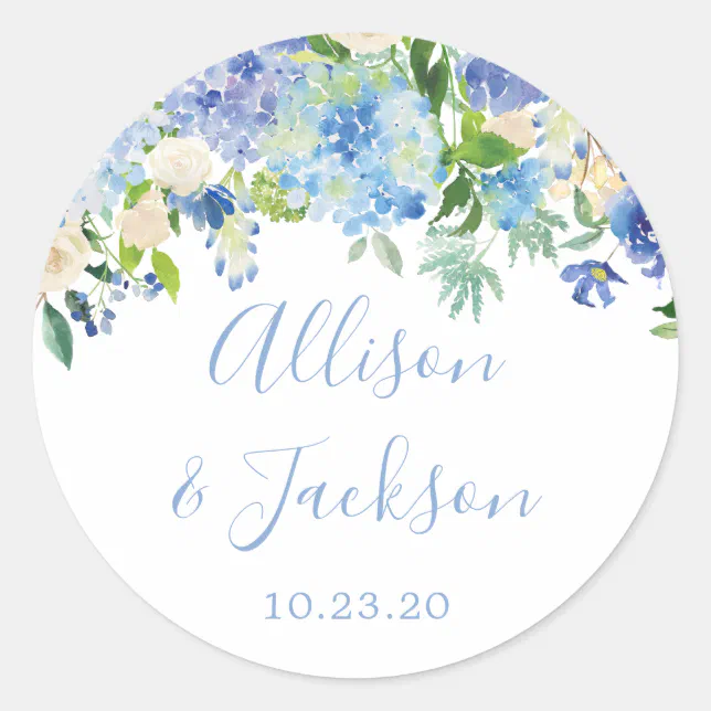 Blue Hydrangeas Floral Wedding Round Sticker | Zazzle