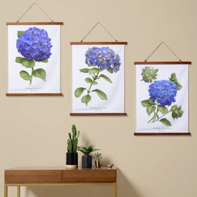 Blue Hydrangeas Flowers Botanical Art Set of 3 Hanging Tapestry | Zazzle