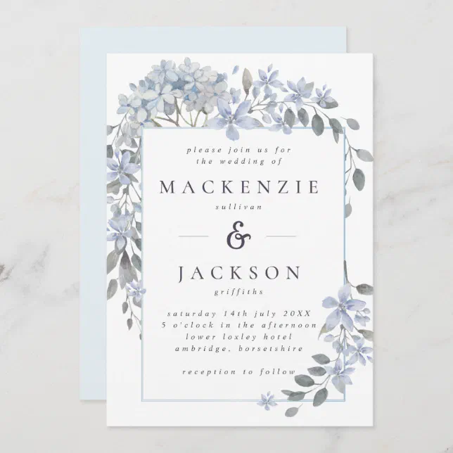 Blue Hydrangeas Frame Watercolor Wedding Invitation | Zazzle