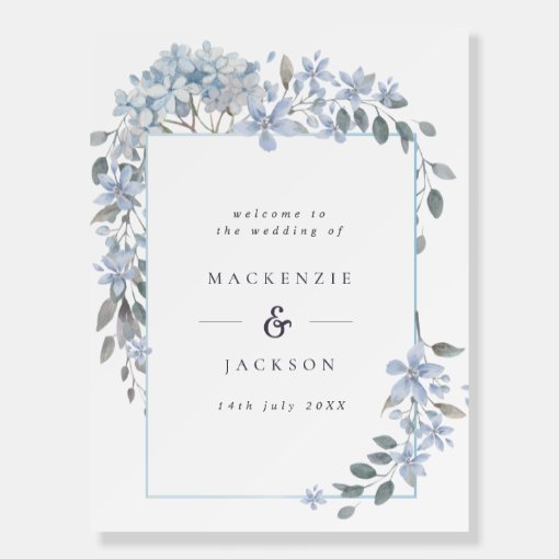 Blue Hydrangeas Frame Watercolor Wedding Welcome Foam Board | Zazzle