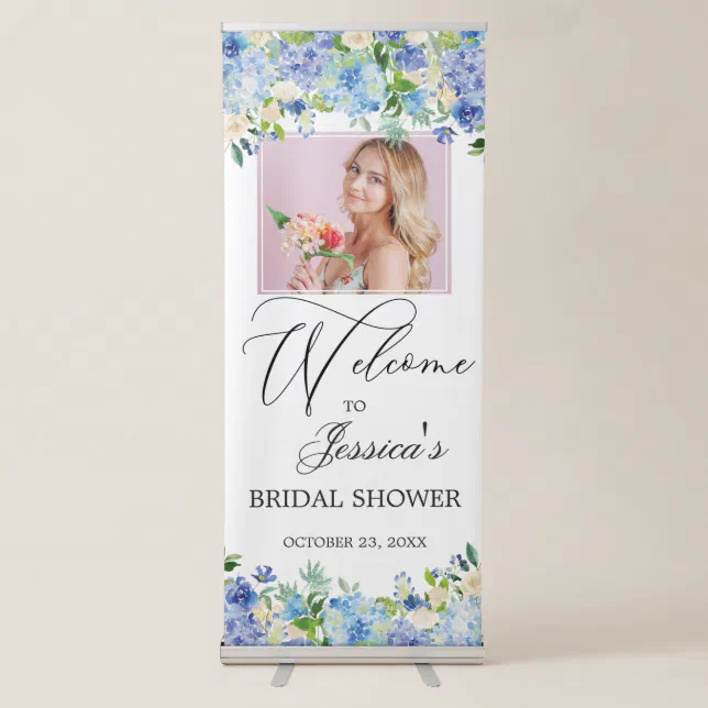 Blue Hydrangeas PHOTO Bridal Shower Welcome Retractable Banner | Zazzle