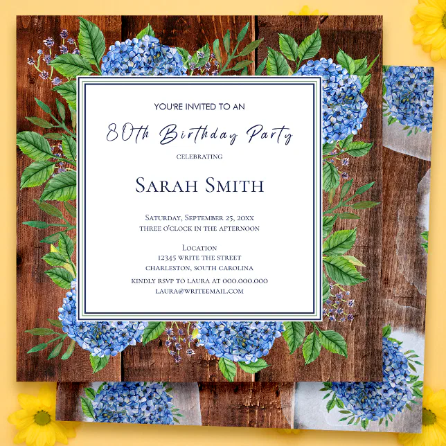 Blue Hydrangeas Rustic Wood 80th Birthday Party Invitation | Zazzle