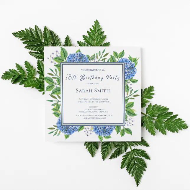 Blue Hydrangeas Watercolor 18th Birthday Party Invitation | Zazzle