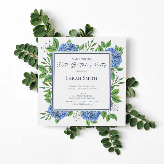 Blue Hydrangeas Watercolor 30th Birthday Party Invitation | Zazzle