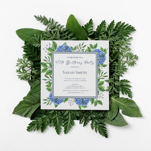 Blue Hydrangeas Watercolor 40th Birthday Party Invitation | Zazzle