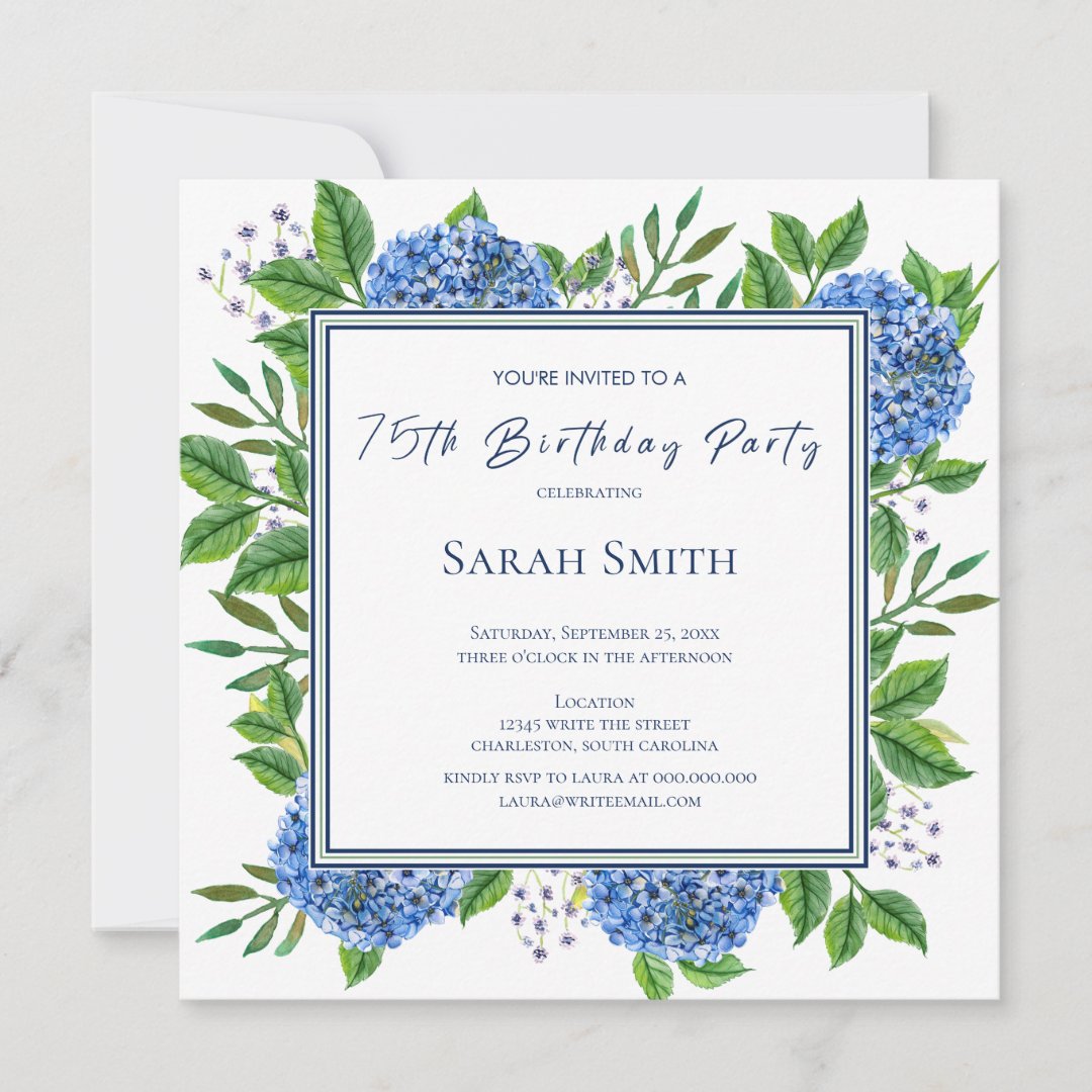 Blue Hydrangeas Watercolor 75th Birthday Party Invitation | Zazzle