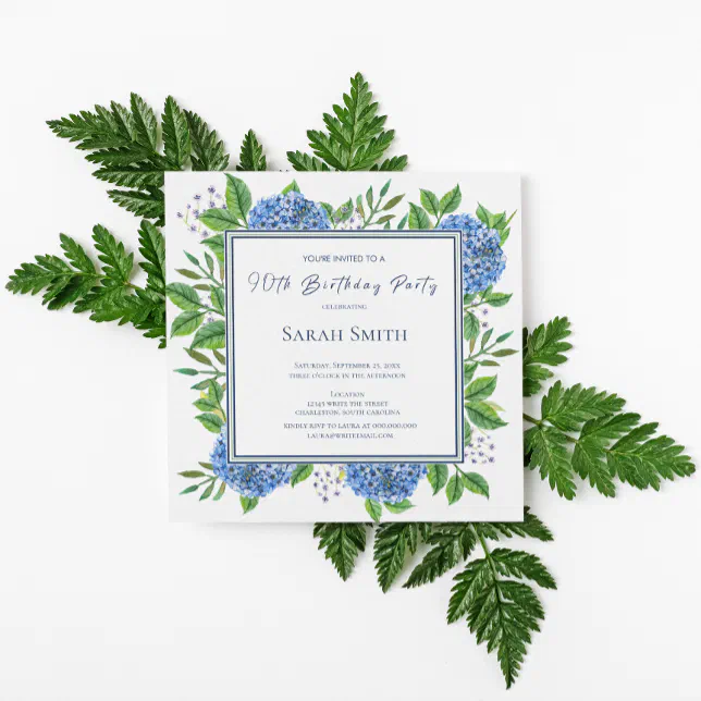 Blue Hydrangeas Watercolor 90th Birthday Party Invitation | Zazzle