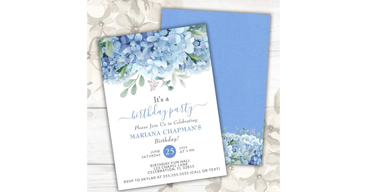 Blue Hydrangeas Watercolor Floral Birthday Party Invitation | Zazzle