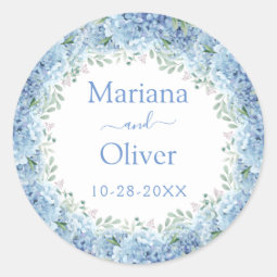 Blue Hydrangeas Watercolor Floral Wedding Classic Round Sticker | Zazzle