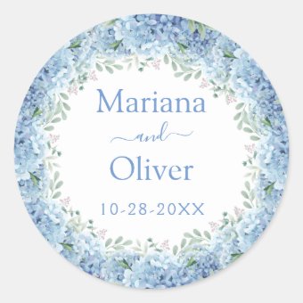 Blue Hydrangeas Watercolor Floral Wedding Classic Round Sticker | Zazzle