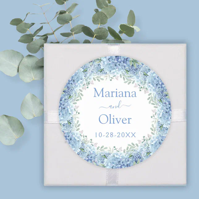 Blue Hydrangeas Watercolor Floral Wedding Classic Round Sticker | Zazzle