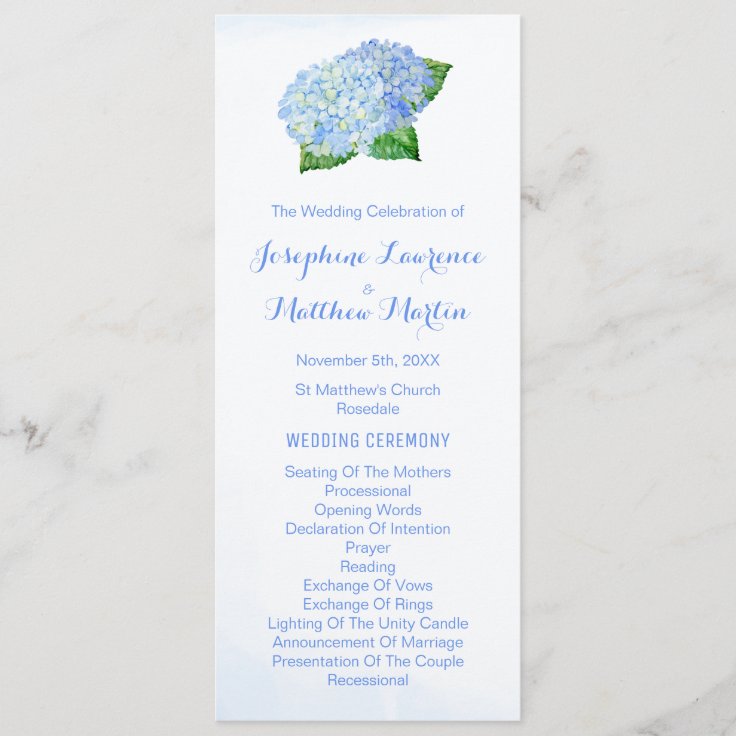 Blue Hydrangeas Watercolor Wedding Programs | Zazzle