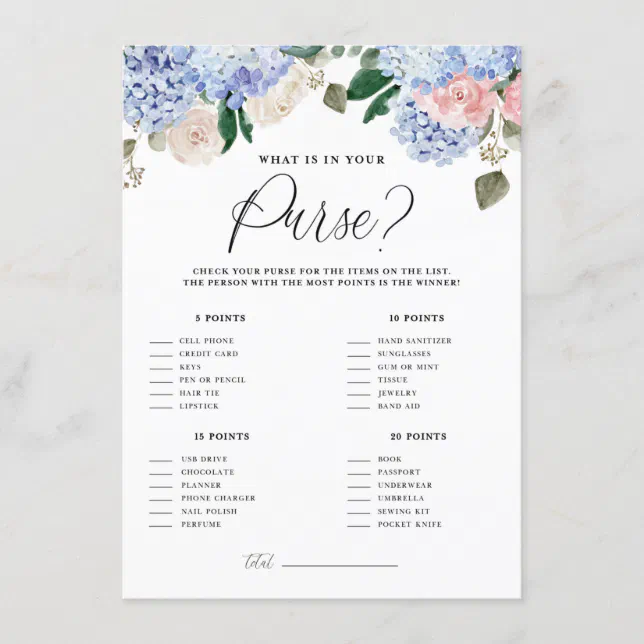 Blue Hydrangeas What's In Your Purse Game Card | Zazzle