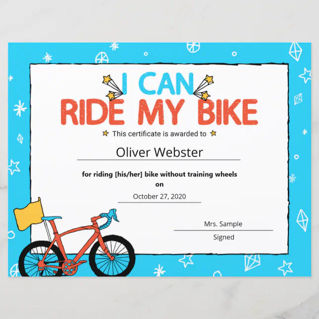 Blue I can Ride My Bike Milestone Certificate | Zazzle