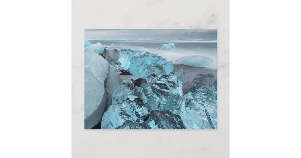Blue ice on beach seascape, Iceland Postcard | Zazzle