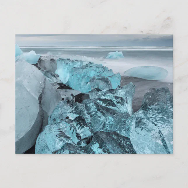 Blue ice on beach seascape, Iceland Postcard | Zazzle