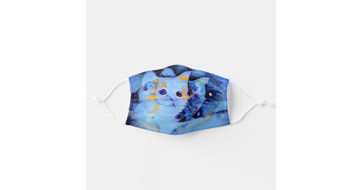 Blue Impressionist Style Kitten Art for Cat Lovers Adult Cloth Face ...