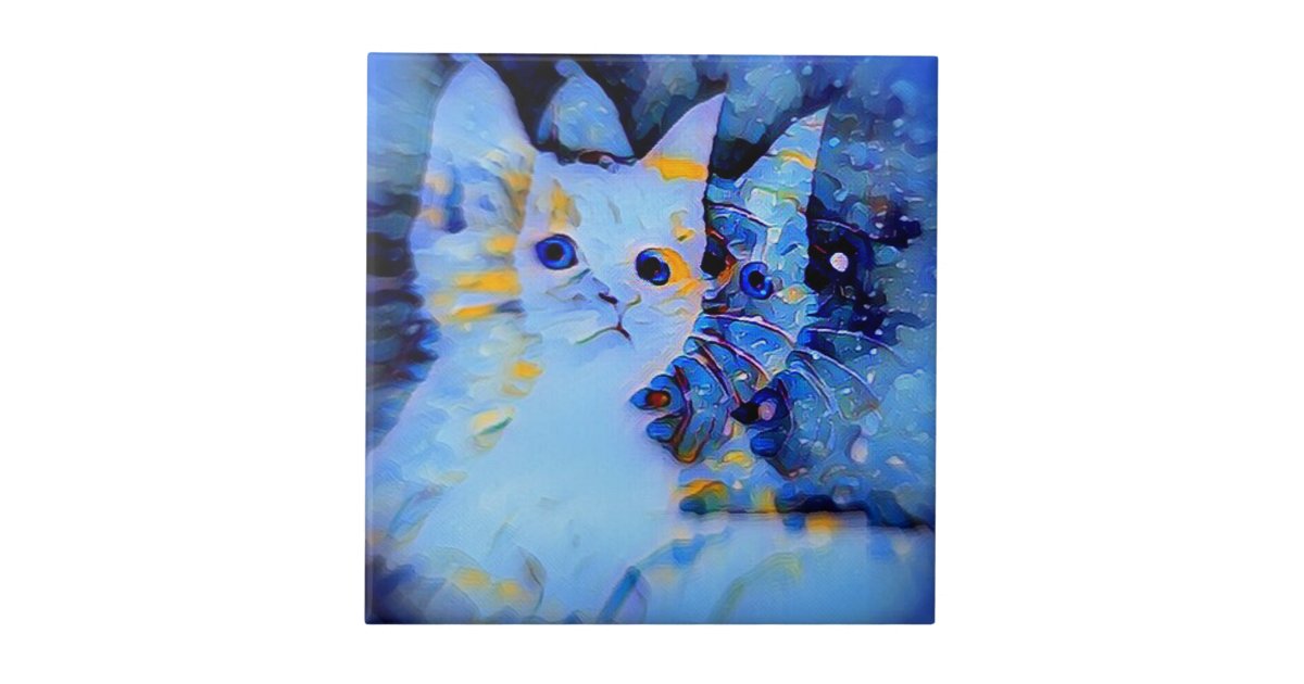 Blue Impressionist Style Kitten Art for Cat Lovers Ceramic Tile | Zazzle