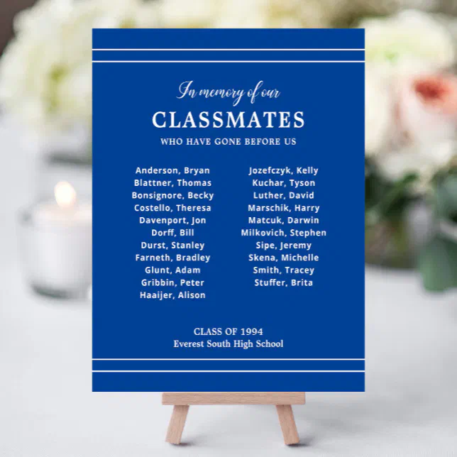 Blue In Memory Of Classmates Reunion Memorial Foam Board | Zazzle