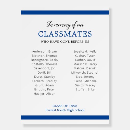 Blue In Memory Of Our Classmates List Of Names Foam Board | Zazzle