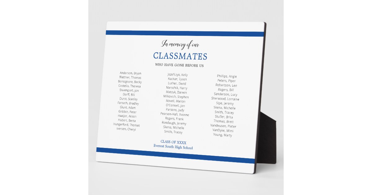Blue In Memory Of Our Classmates Reunion Memorial Plaque | Zazzle