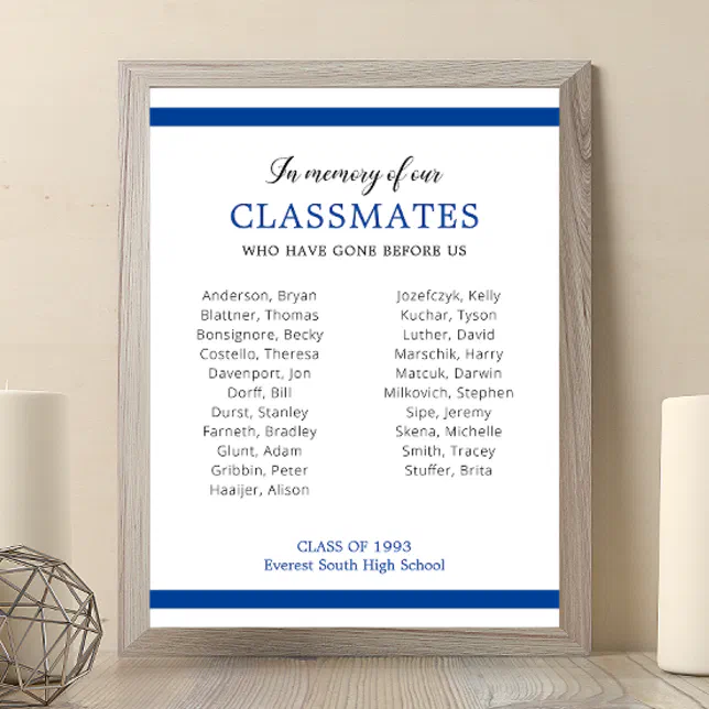 Blue In Memory Of Our Classmates Reunion Memorial Poster | Zazzle