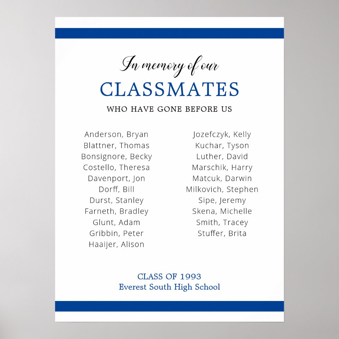 Blue In Memory Of Our Classmates Reunion Memorial Poster | Zazzle