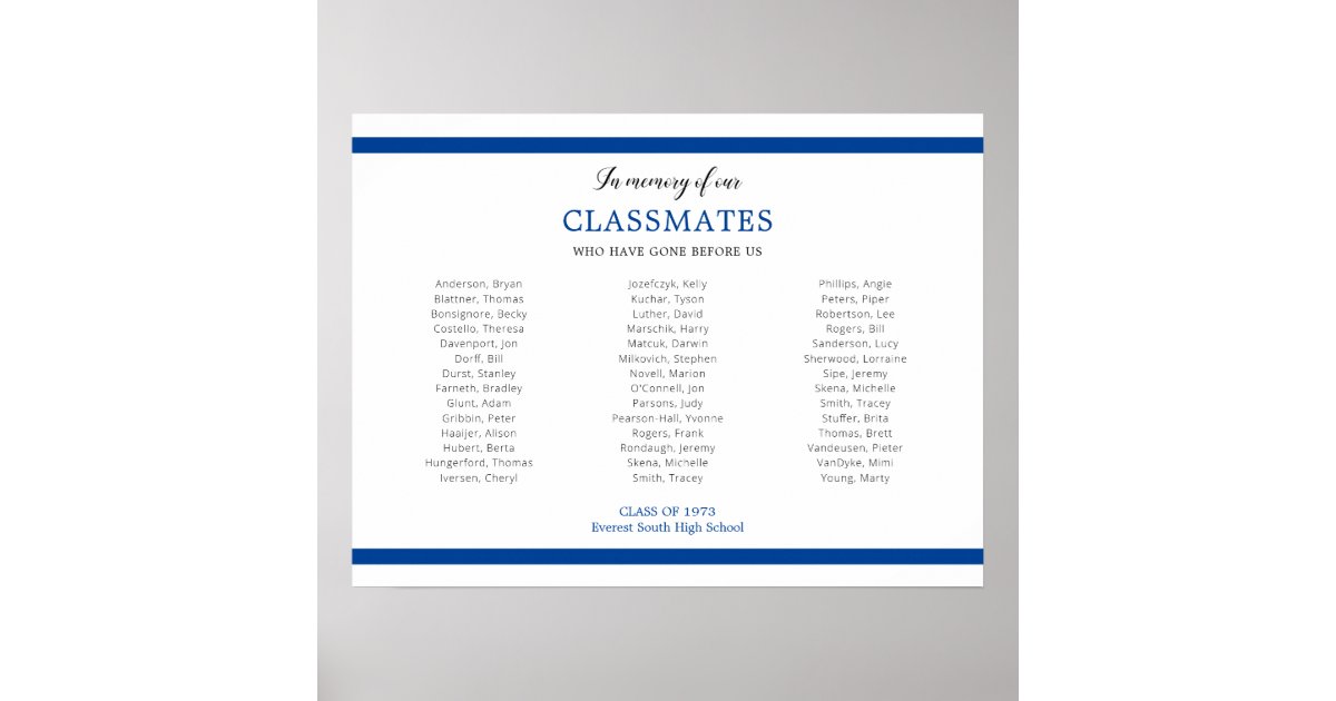 Blue In Memory Of Our Classmates School Reunion Poster | Zazzle