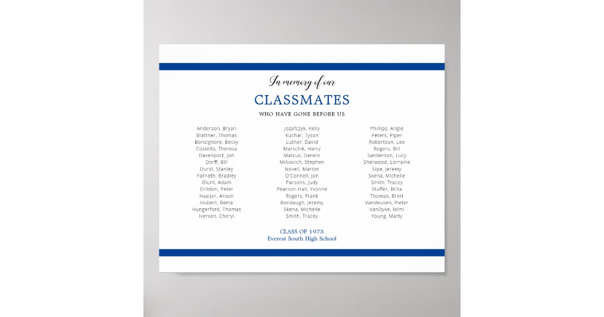Blue In Memory Of Our Classmates School Reunion Poster | Zazzle